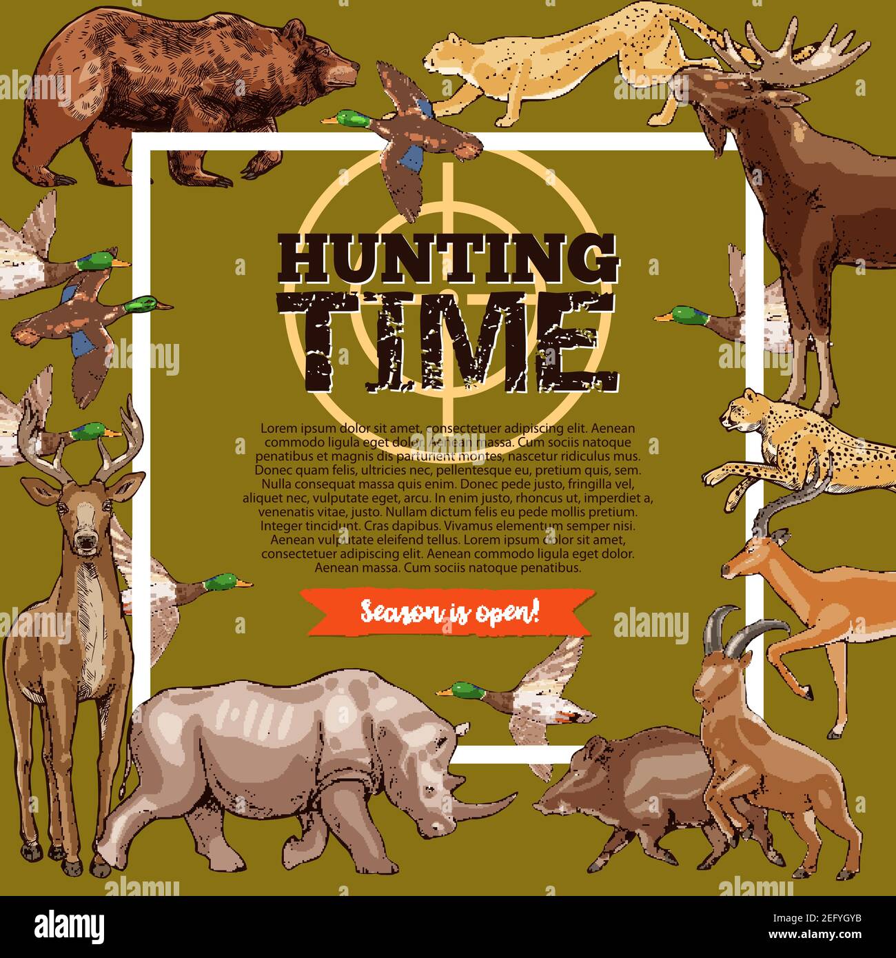 Hunting open season or hunters club sketch poster of wild animals for ...