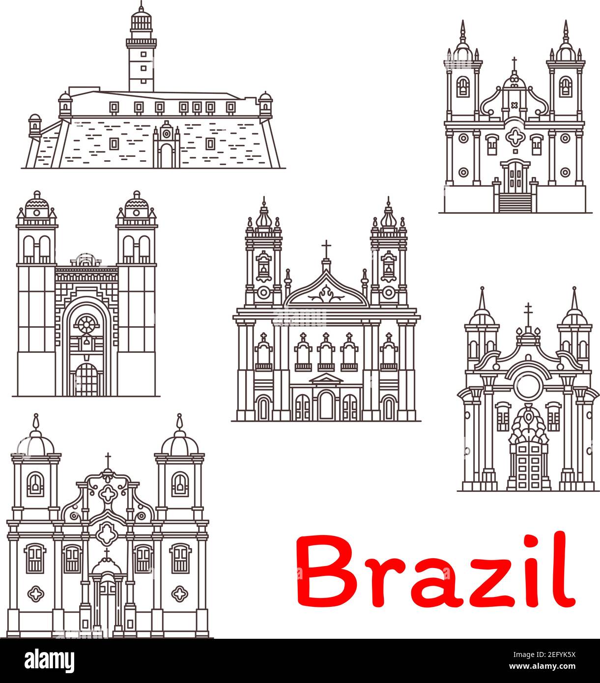 Brazil architecture landmarks and famous buildings facade line icons ...