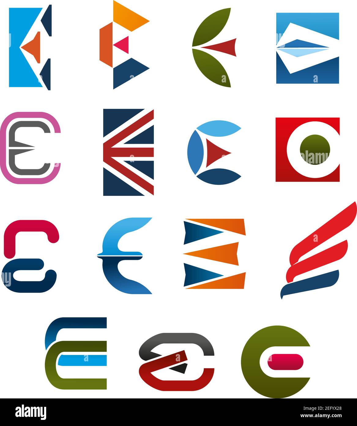 Letter E icon set. E alphabet symbol, composed of red, green, orange ...