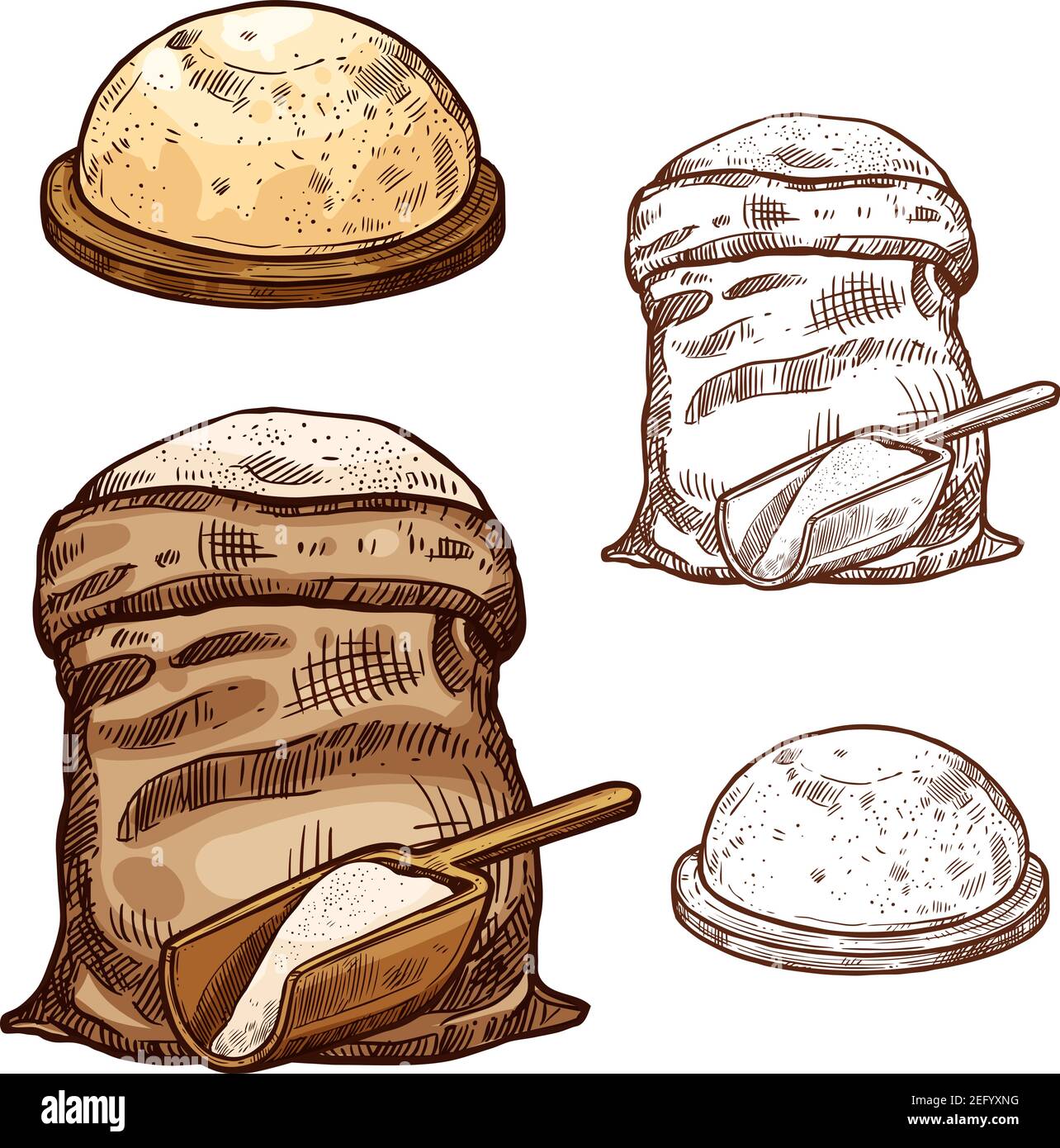 Baking flour bag and bread sketch icons for bakery shop or product ...