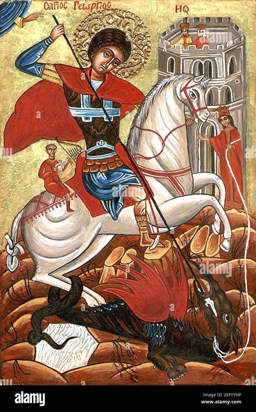 Orthodox Bulgarian icon of St. George fighting the dragon Stock Photo ...
