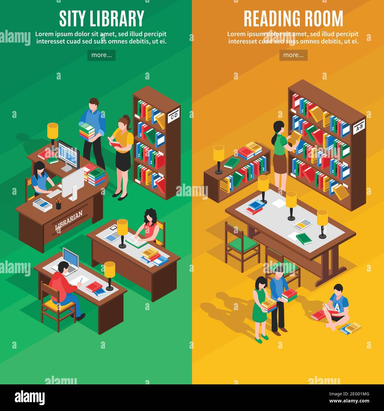 Isometric vertical banners with city library and reading room on green ...