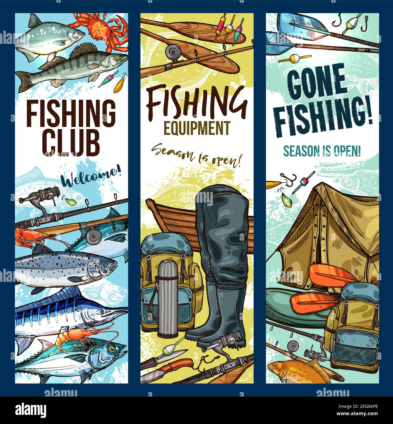 Fishing club sketch banners templates for fisherman sport. Vector ...