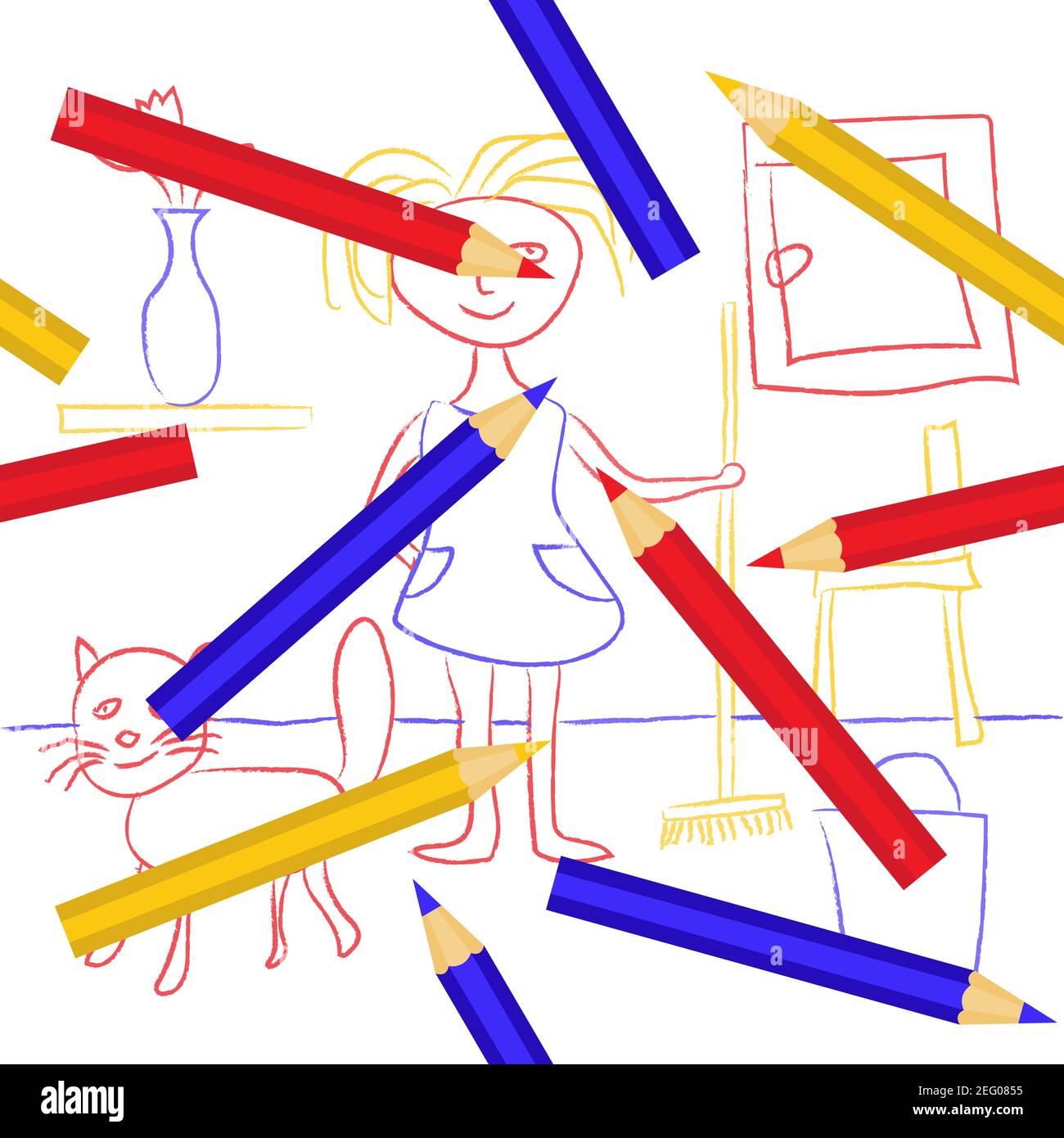 Child's drawing with crayons. Cute kids doodle depicting a girl and a ...