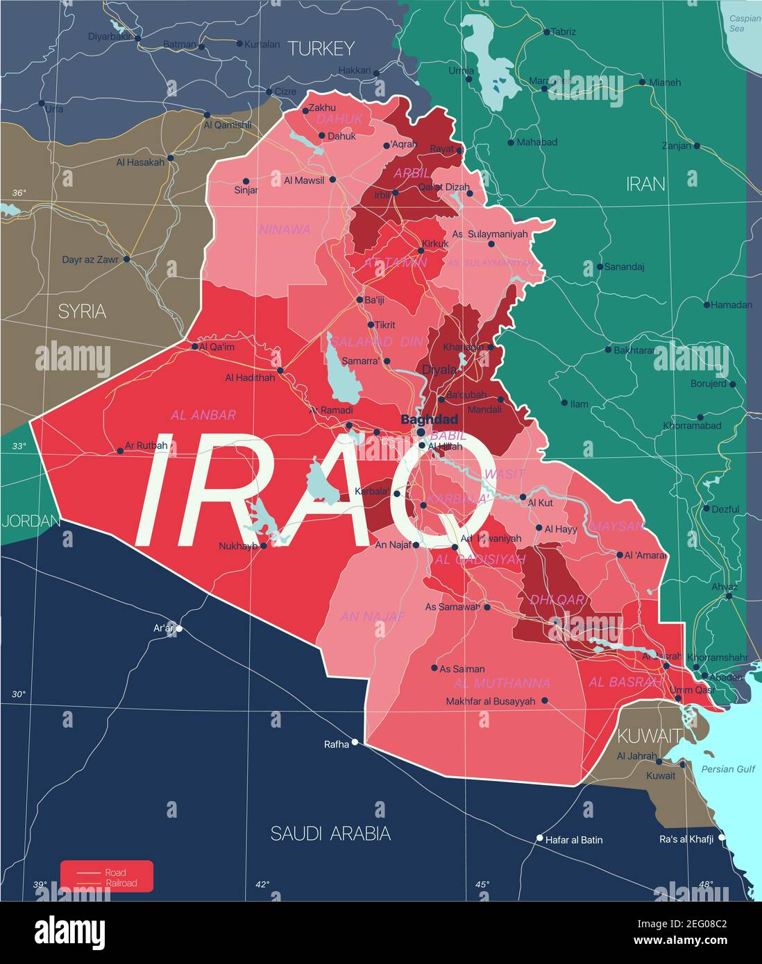 Irak country detailed editable map with regions cities and towns, roads ...