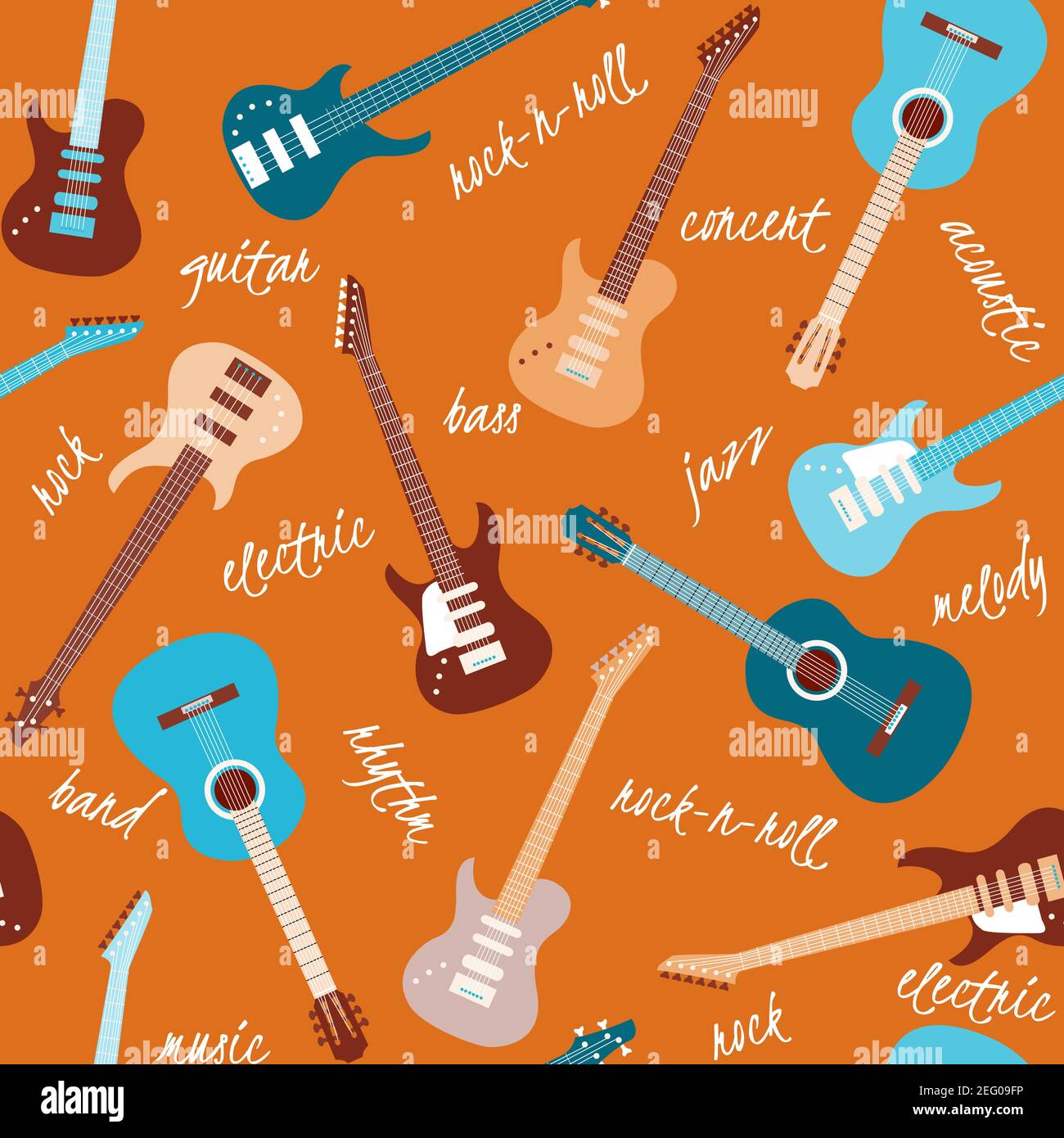 Seamless orange pattern with colorful guitars and text Stock Vector ...