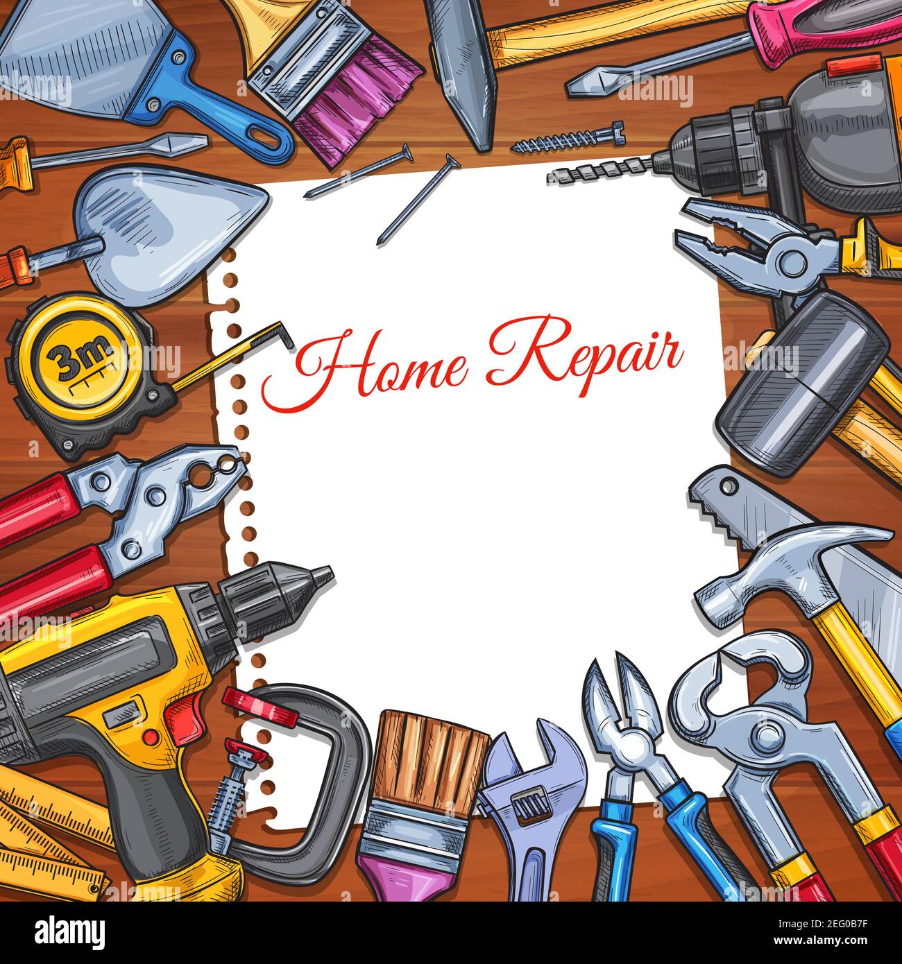 Home repair sketch poster of work tools for shopping list design ...