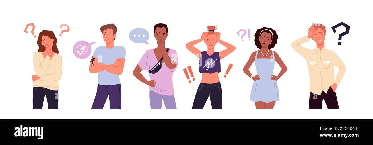 Confused people think in doubt set, showing gestures of stress and ...