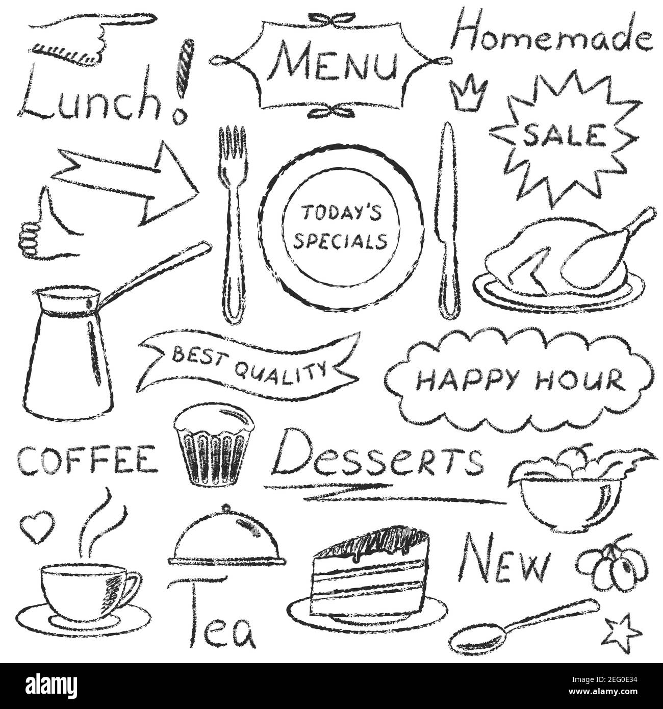Set of hand drawn menu elements isolated on white Stock Vector Image ...