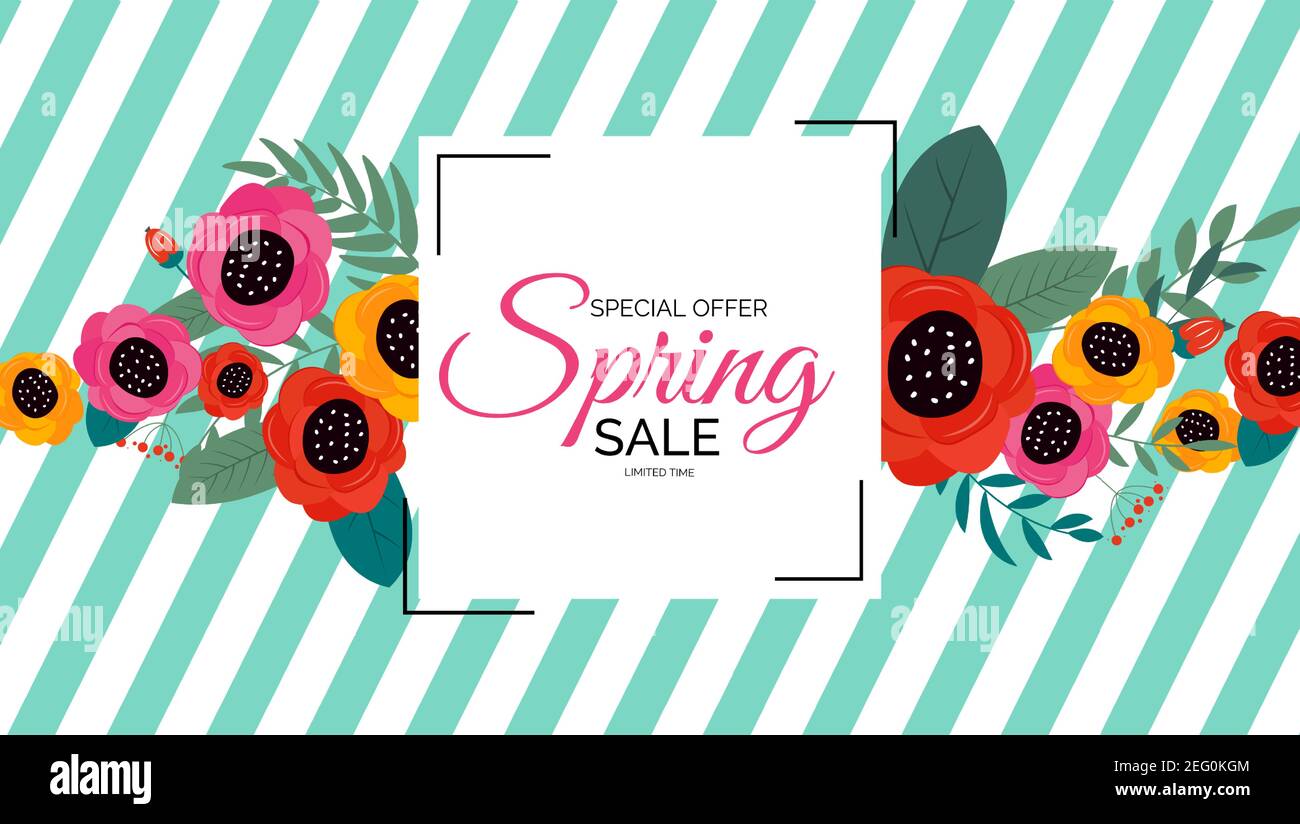 Promotion offer, card for spring sale season with spring plants, leaves ...