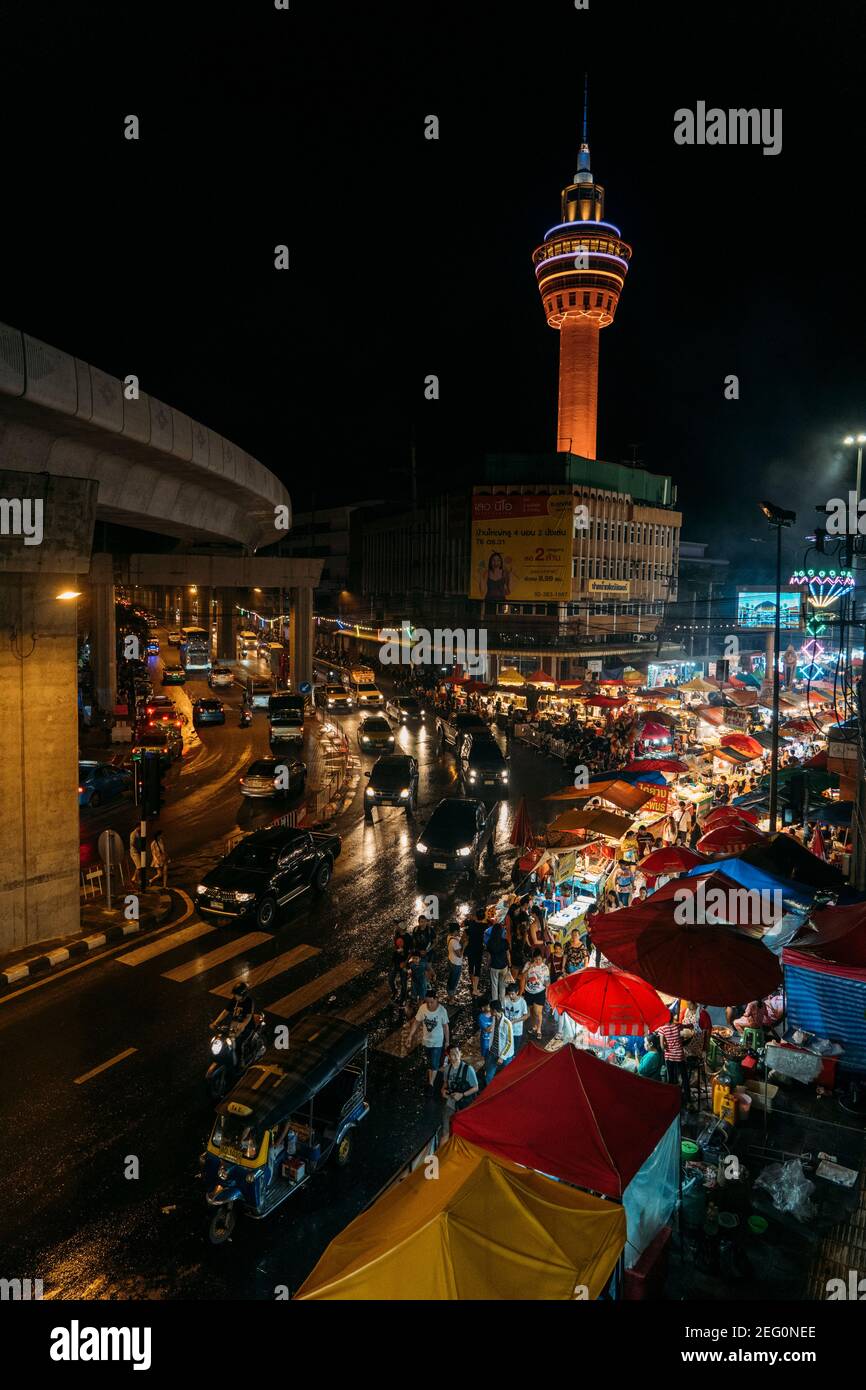 Sprawling Pak Nam night market with observation tower and BTS rail in ...