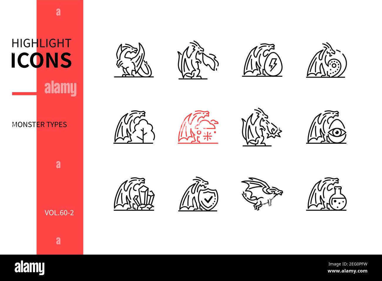 Monster types - line design style icons set. Fiction characters ...