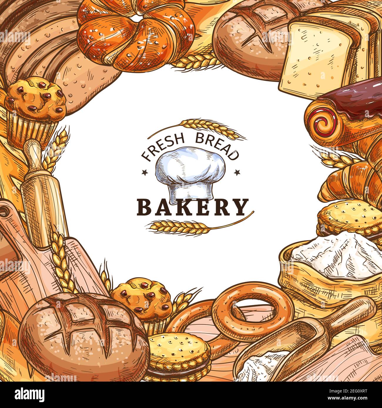 Bakery shop poster with frame of bread and sweet pastry. Loaf of wheat ...