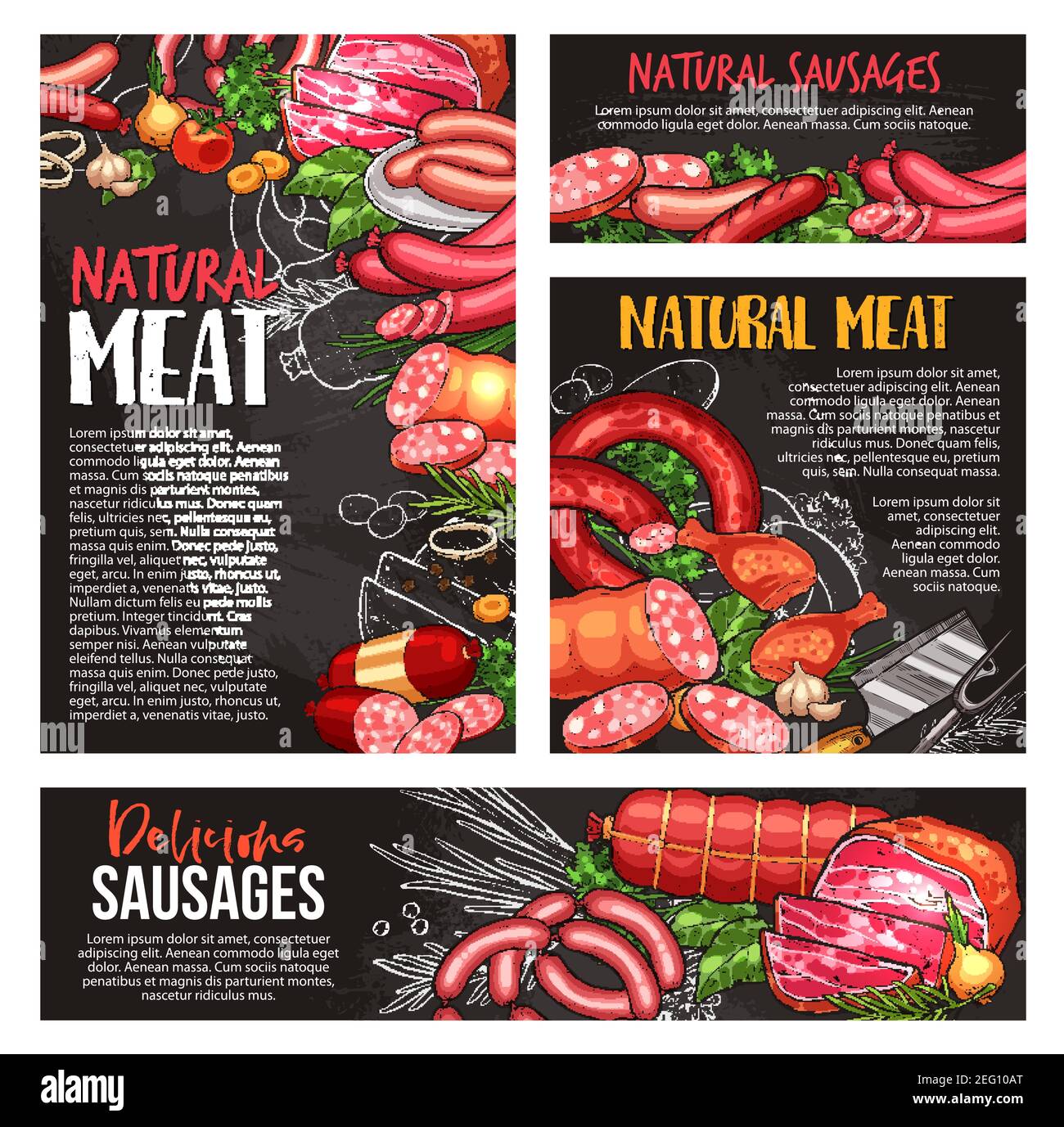 Natural meat product blackboard banner set with fresh meat, sausage and ...