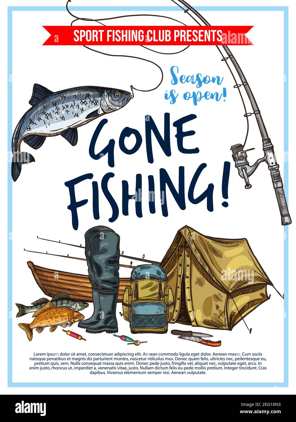Gone fishing poster with fish, fisherman equipment and tackle sketch ...