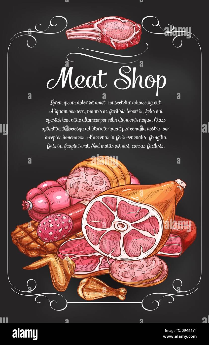 Meat and sausage chalkboard banner for butcher shop label design. Fresh ...