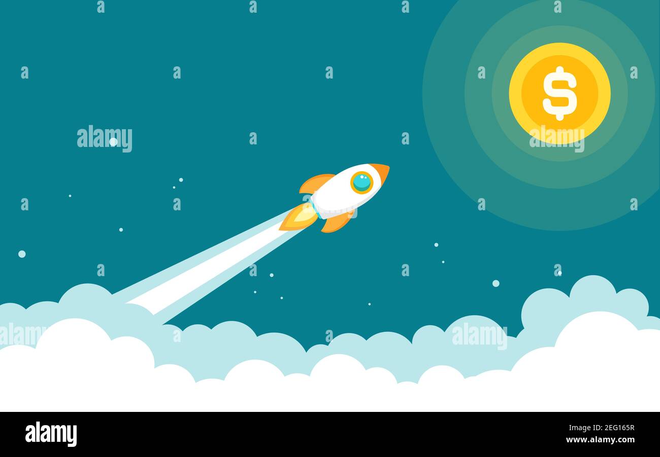 Rocket ship with space, sky clouds and dollar coin as sun. Flat icon ...
