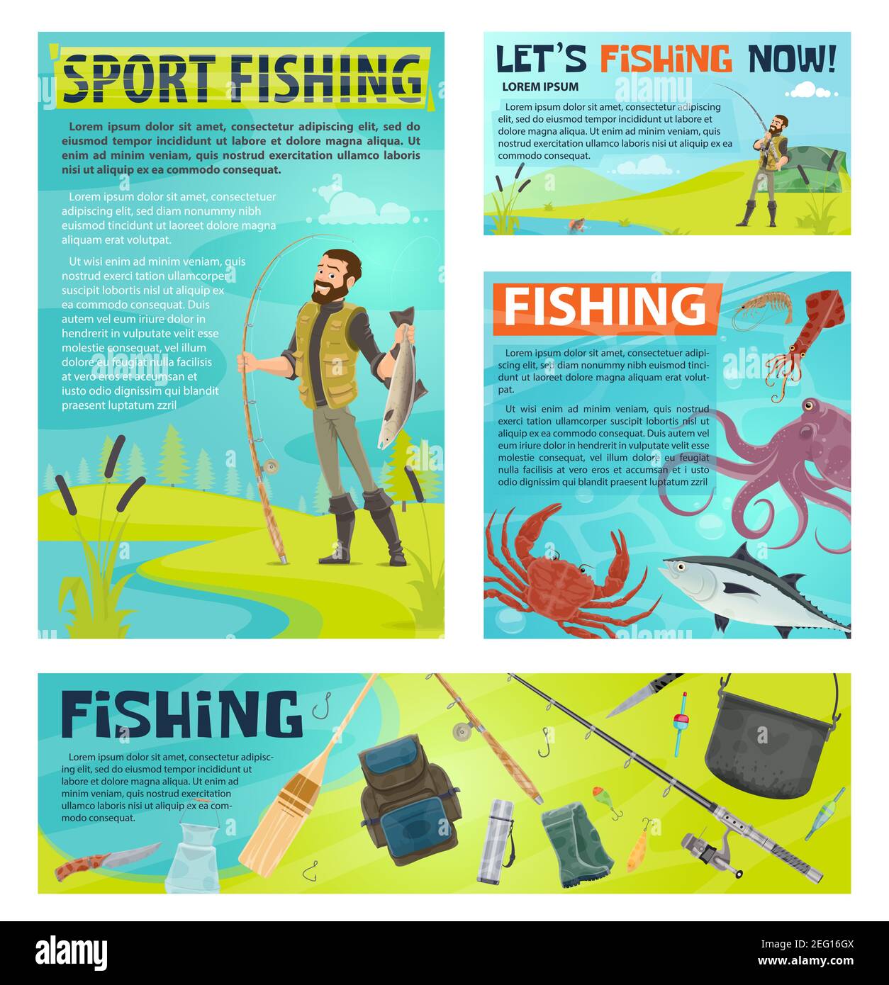 Sport fishing cartoon banner template for fisherman club or fishing ...