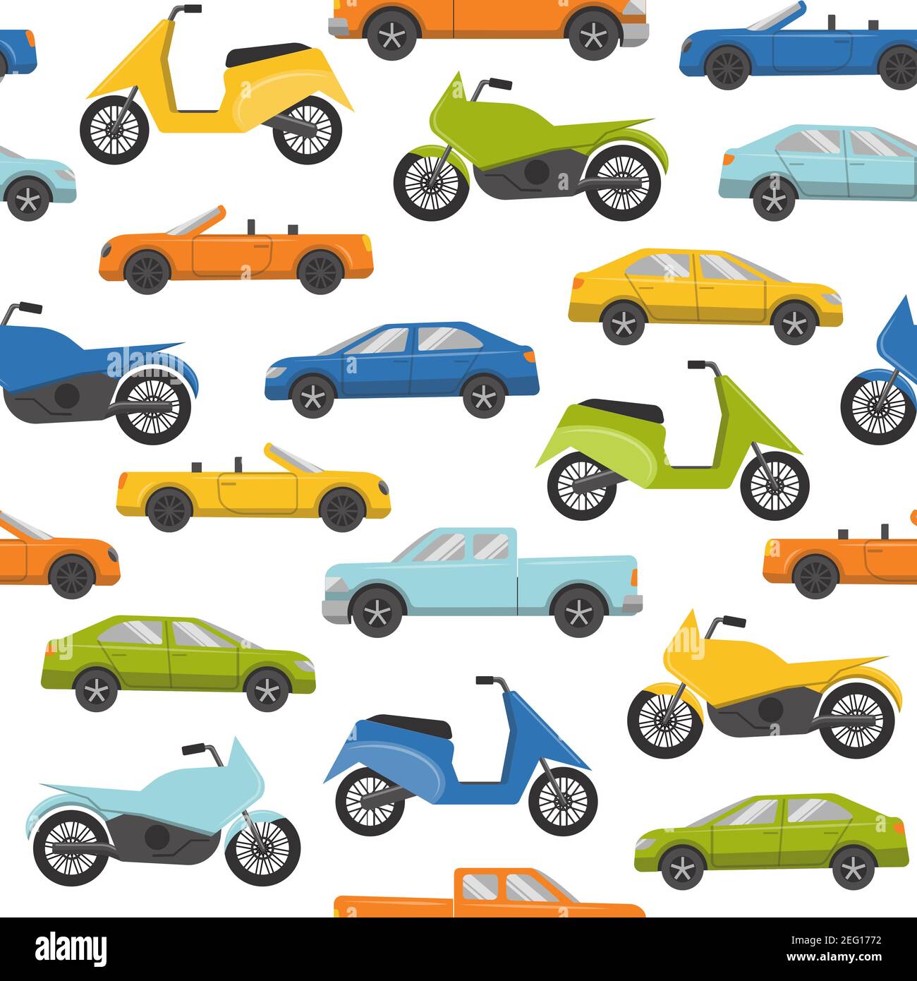 Flat style seamless pattern with bright cars and motorbikes. Different ...