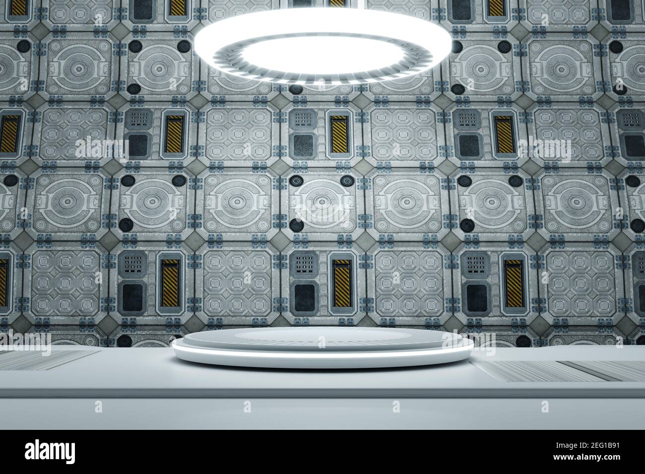 High-tech white product podium platform studio in spaceship with ...