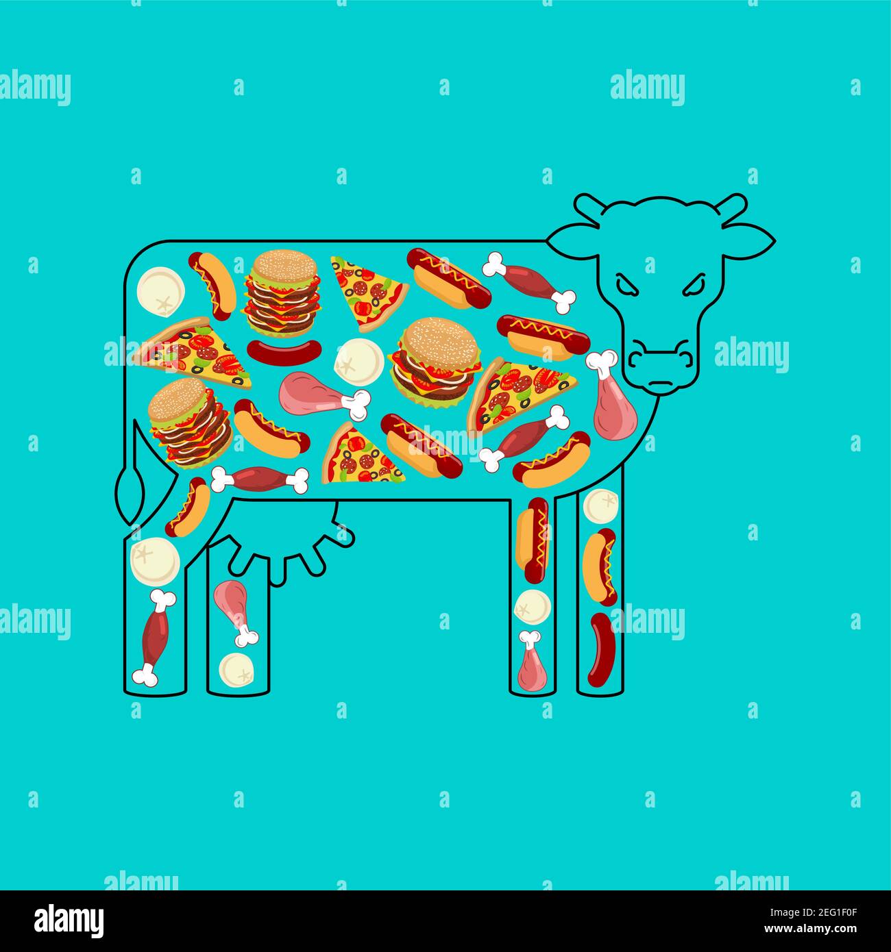Beef meat products. Transparent cow with hamburger and sausage Stock ...