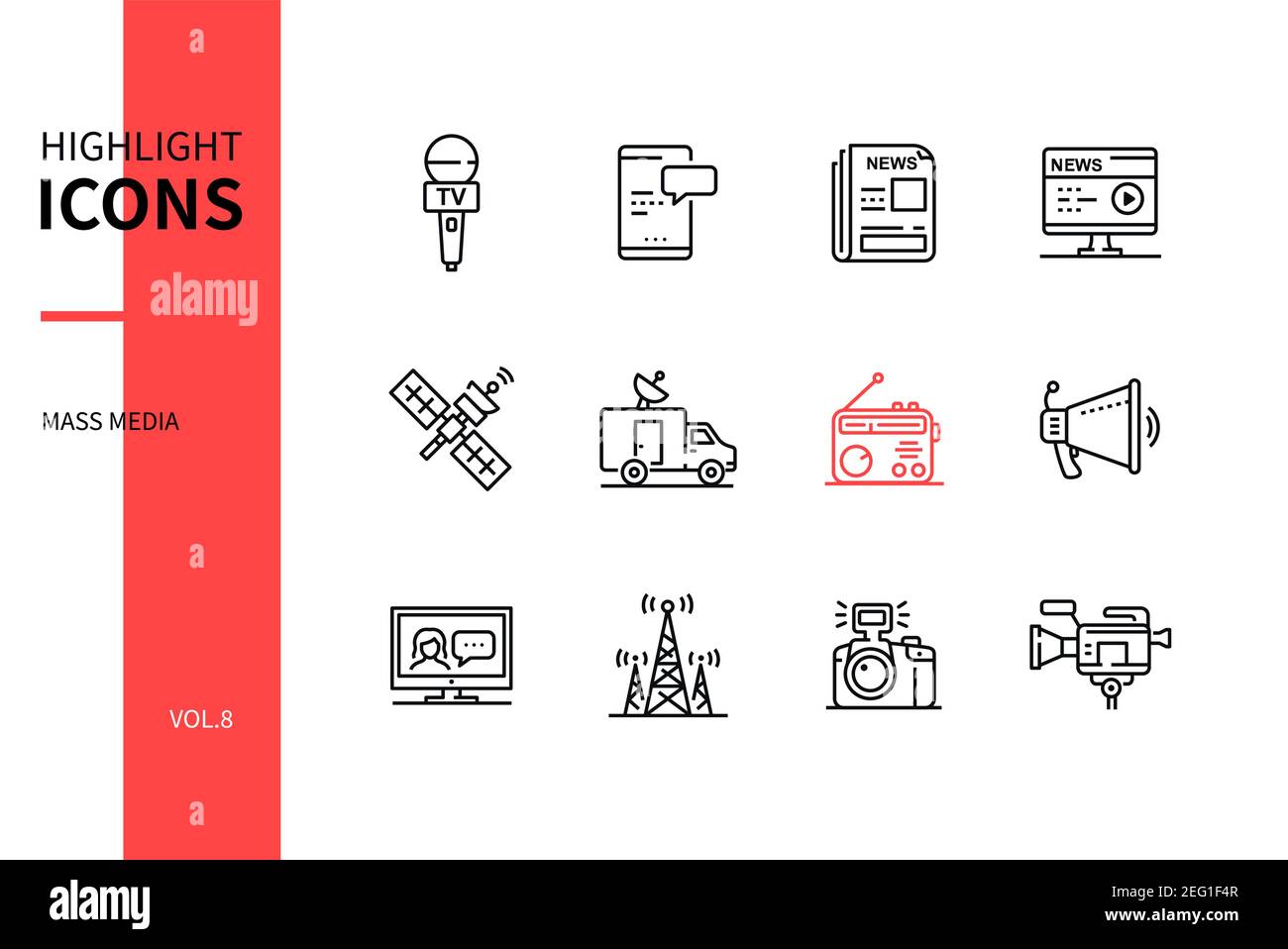 Mass media - line design style icons set. Newsmaking and the press ...