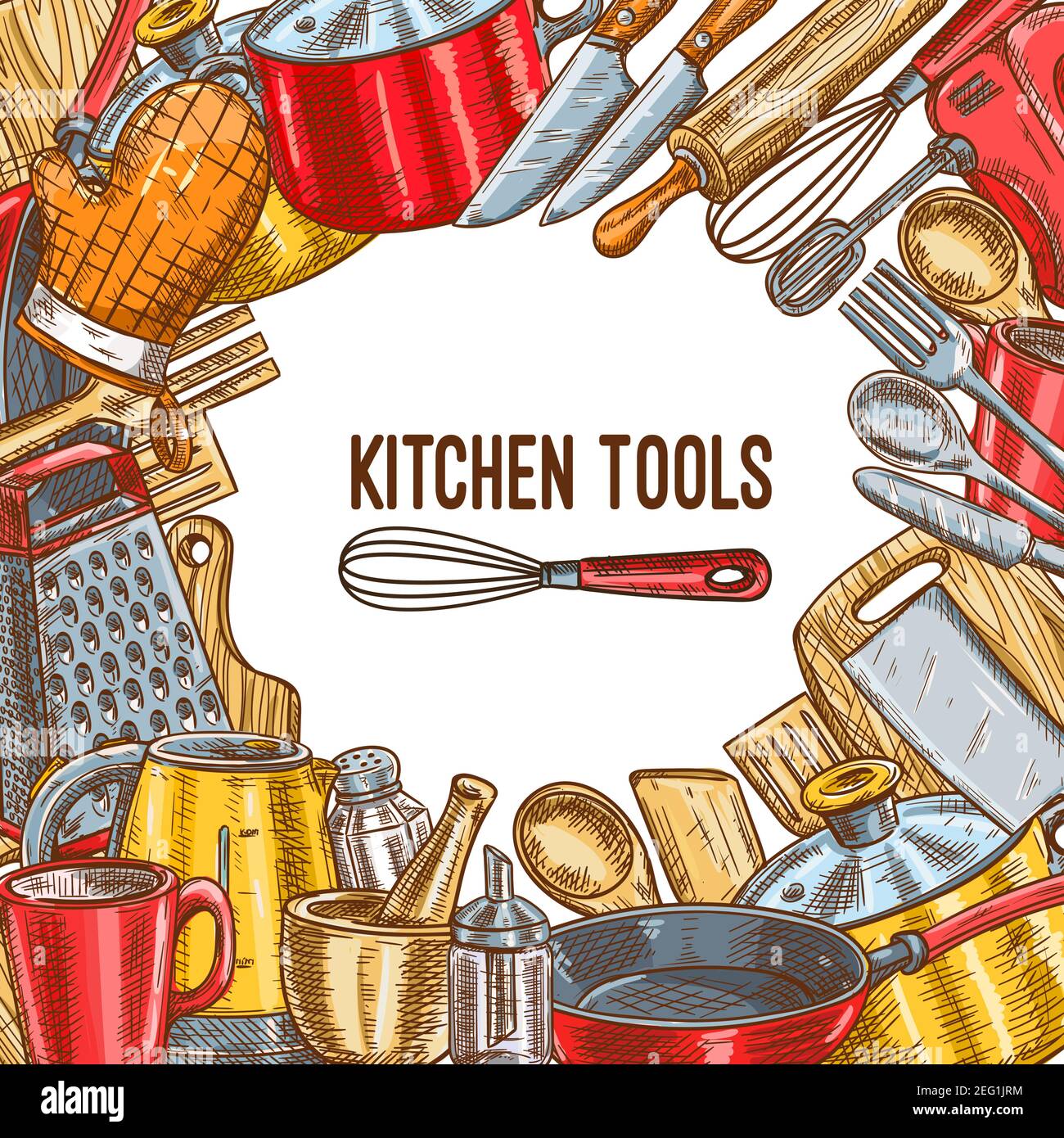 Kitchen tool and utensil sketch poster. Kitchenware frame with knife ...