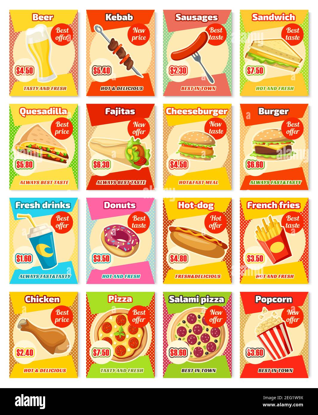 Fast food menu card with lunch meal and drink. Burger, hot dog and ...