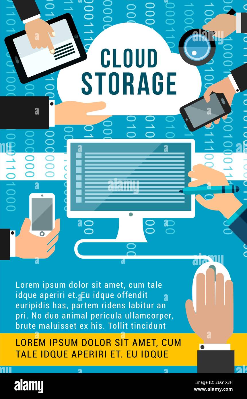 Cloud storage technology banner with computer device. Computer, tablet ...