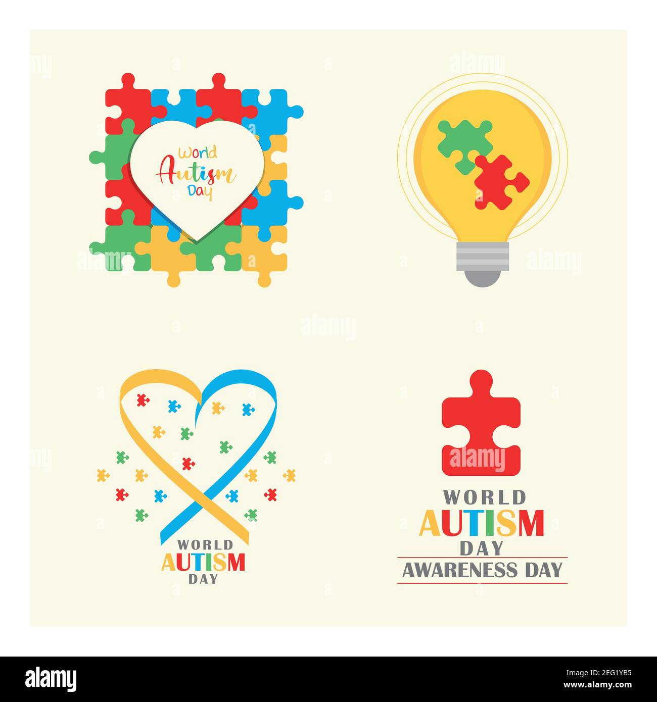 set world autism awareness day, light bulb heart ribbon and puzzles ...