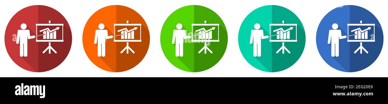 Business training icon set, flat design vector illustration in 5 colors ...