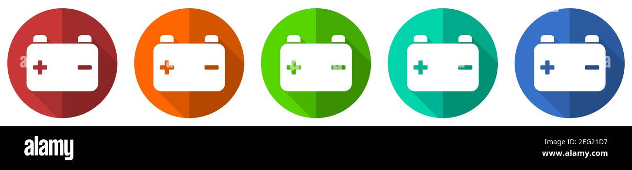 Battery, power storage icon set, flat design vector illustration in 5 ...