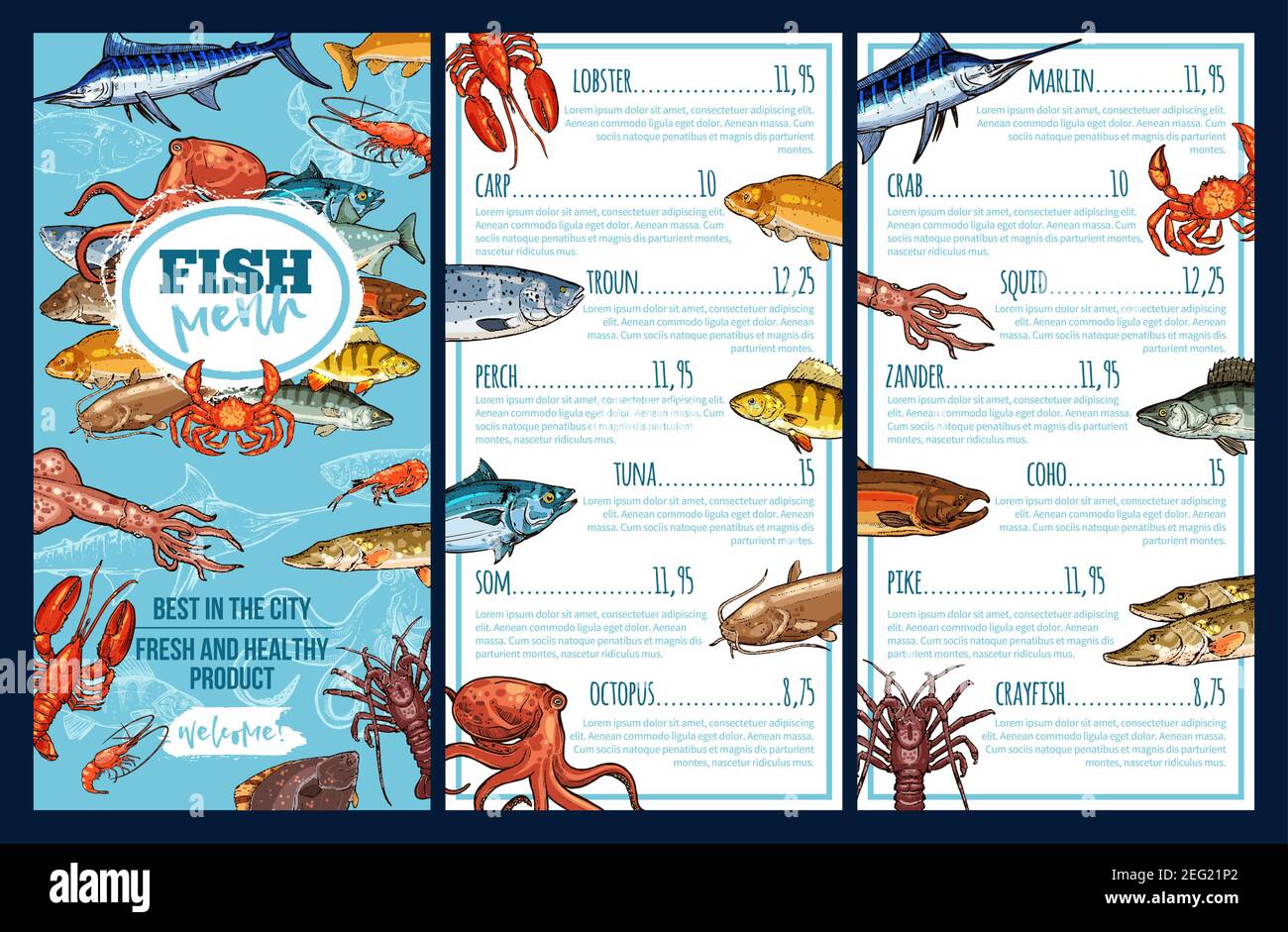 Seafood restaurant menu with fish and mollusk. Sketch menu with crab ...