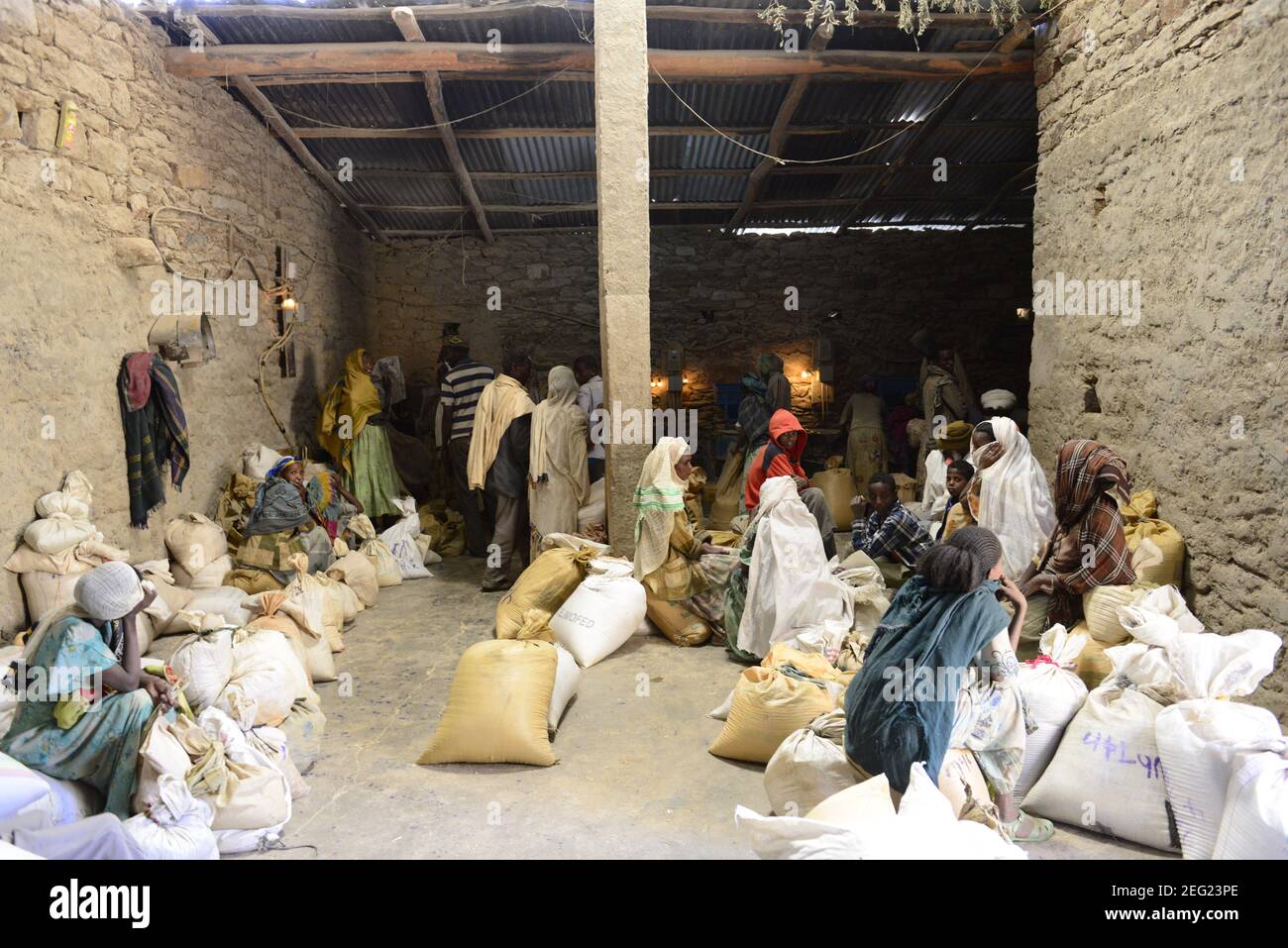 Tigray villagers waiting at the milling station with bags of maze and ...