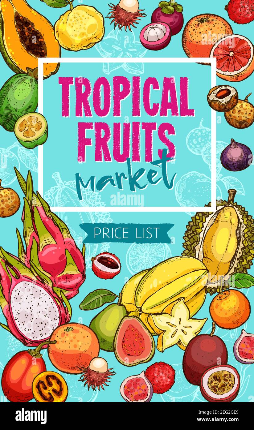 Exotic fruits farm market price list sketch poster template. Vector ...