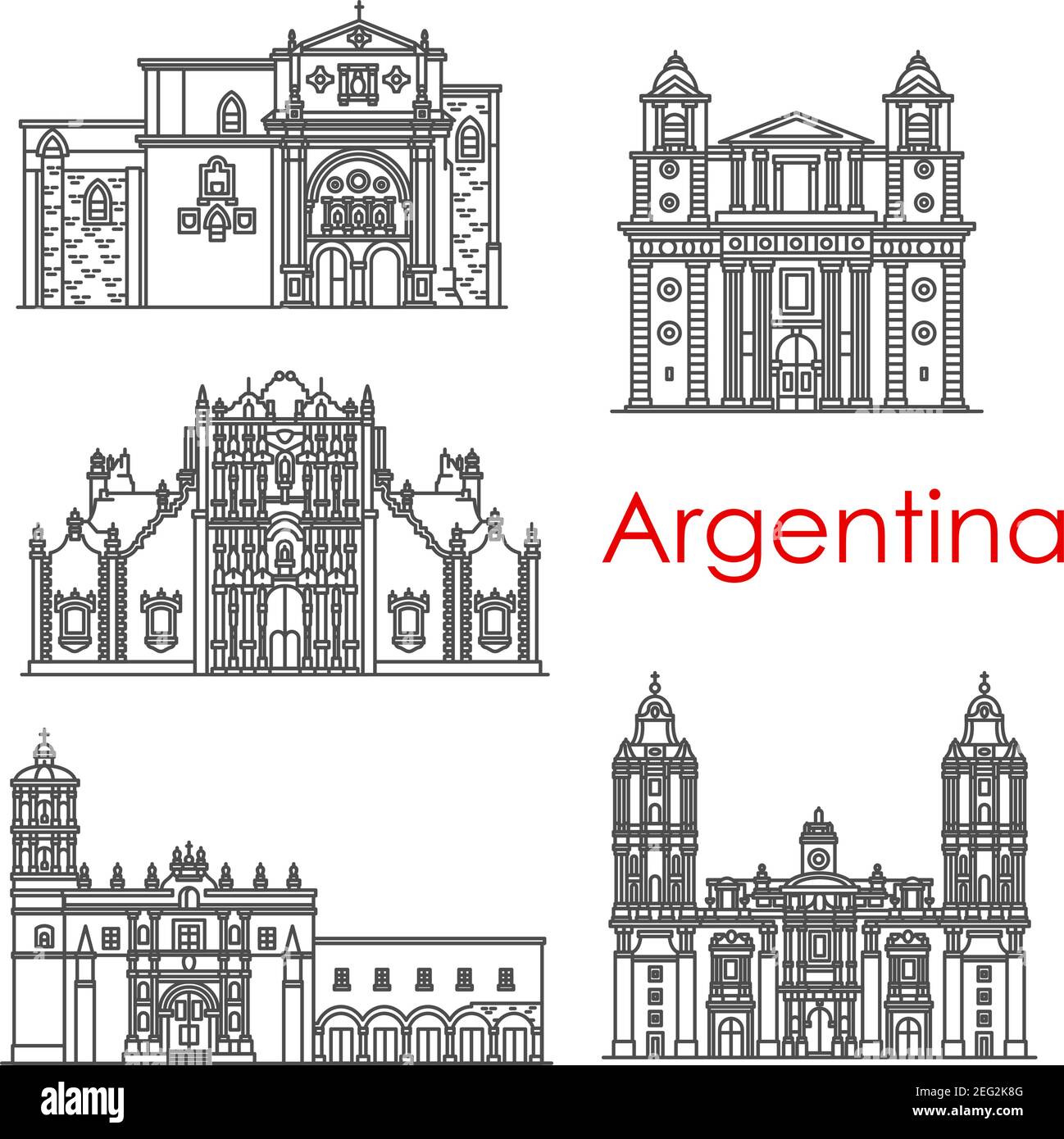 Argentina architecture landmarks and famous building line facade icons ...