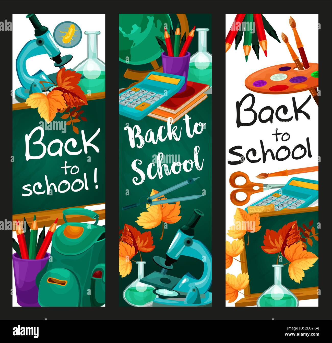 Welcome Back to School banners of school bag and lesson stationery ...