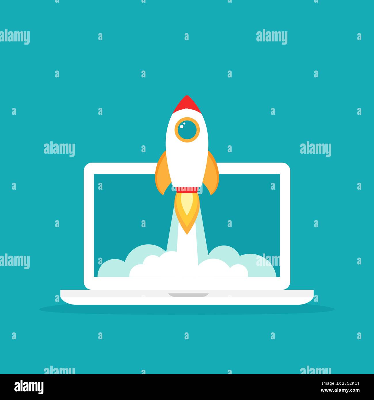 laptop screen with rocket or shuttle. workplace on blue background ...