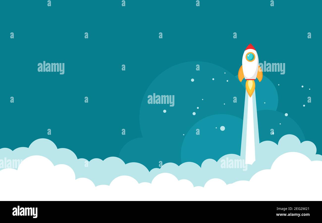 Rocket ship with space, sky clouds and stars on blue background. Flat ...