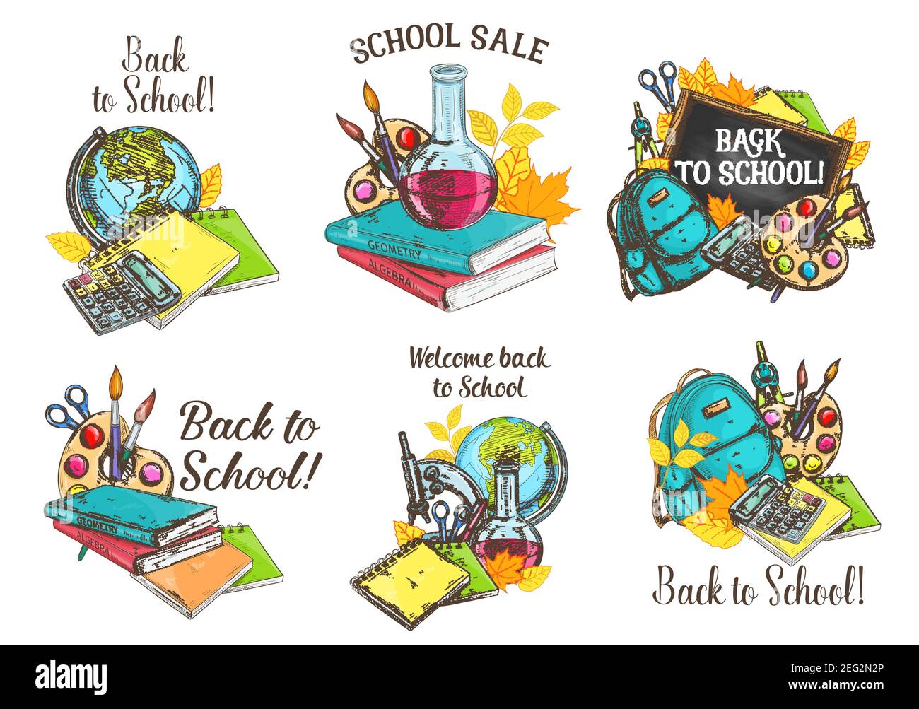 Welcome Back to School icons of lesson stationery, book, pen or pencil ...