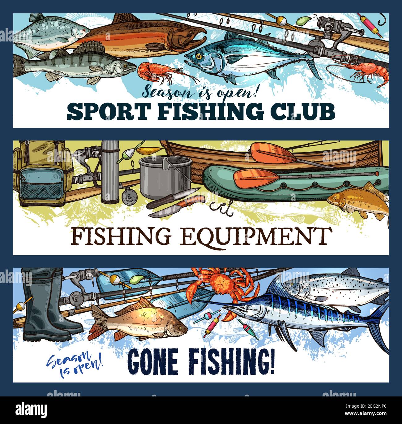 Fishing sport club sketch banners of fishing equipment. Vector design ...