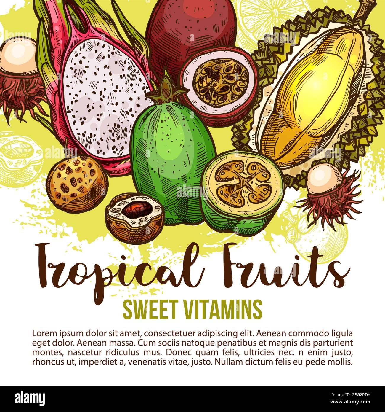 Tropical fruit poster with feijoa, durian and rambutan, longan, passion ...
