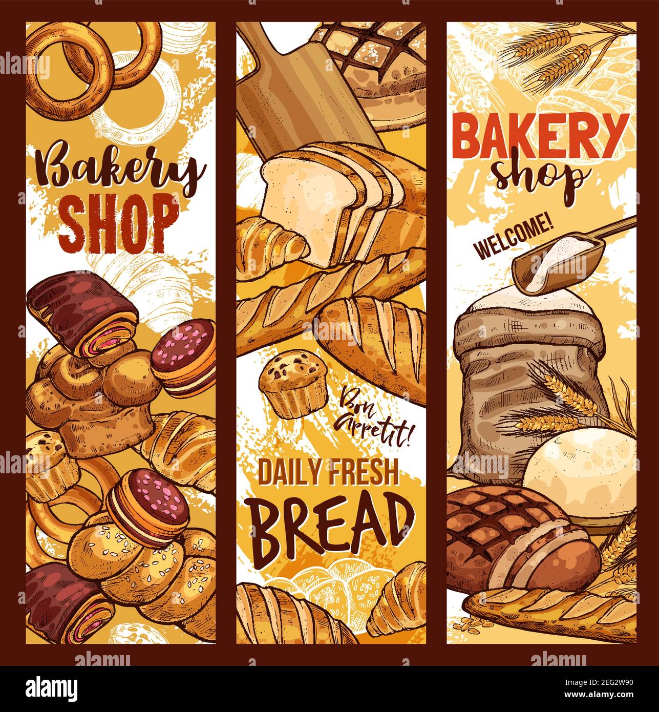 Bakery shop sketch banners of baked bread, flour sack bag and sweet ...