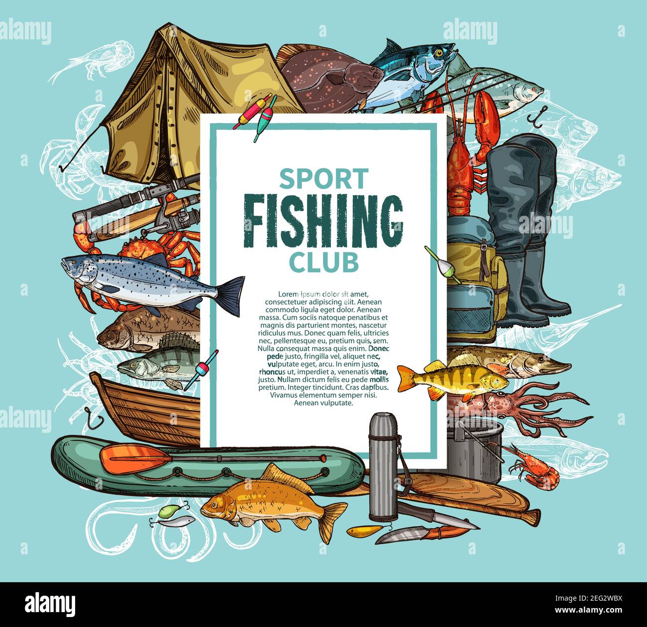Fishing sport club poster with fish catch and fisherman tool sketch ...