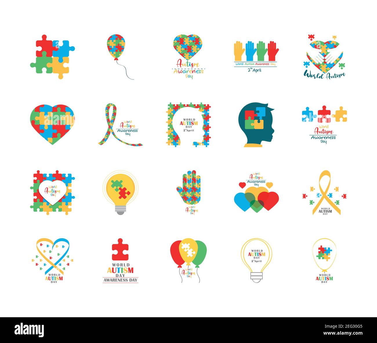 set autism awareness day, puzzles head child heart hand balloon ribbon ...