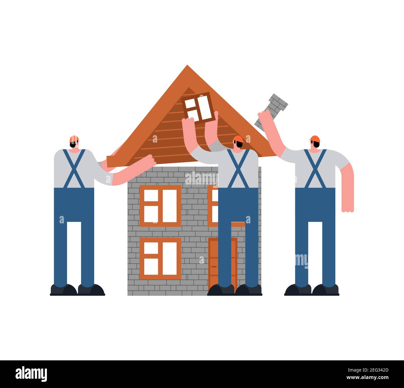Builders building house cartoon. Illustration for developers Stock ...