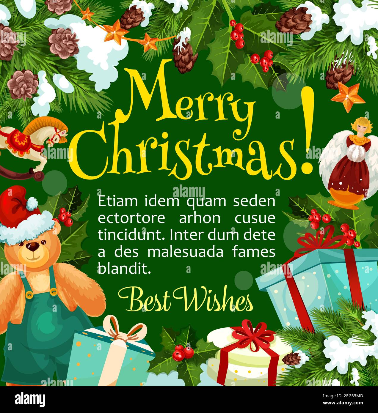 Christmas winter holiday greeting poster with Xmas tree and holly berry ...