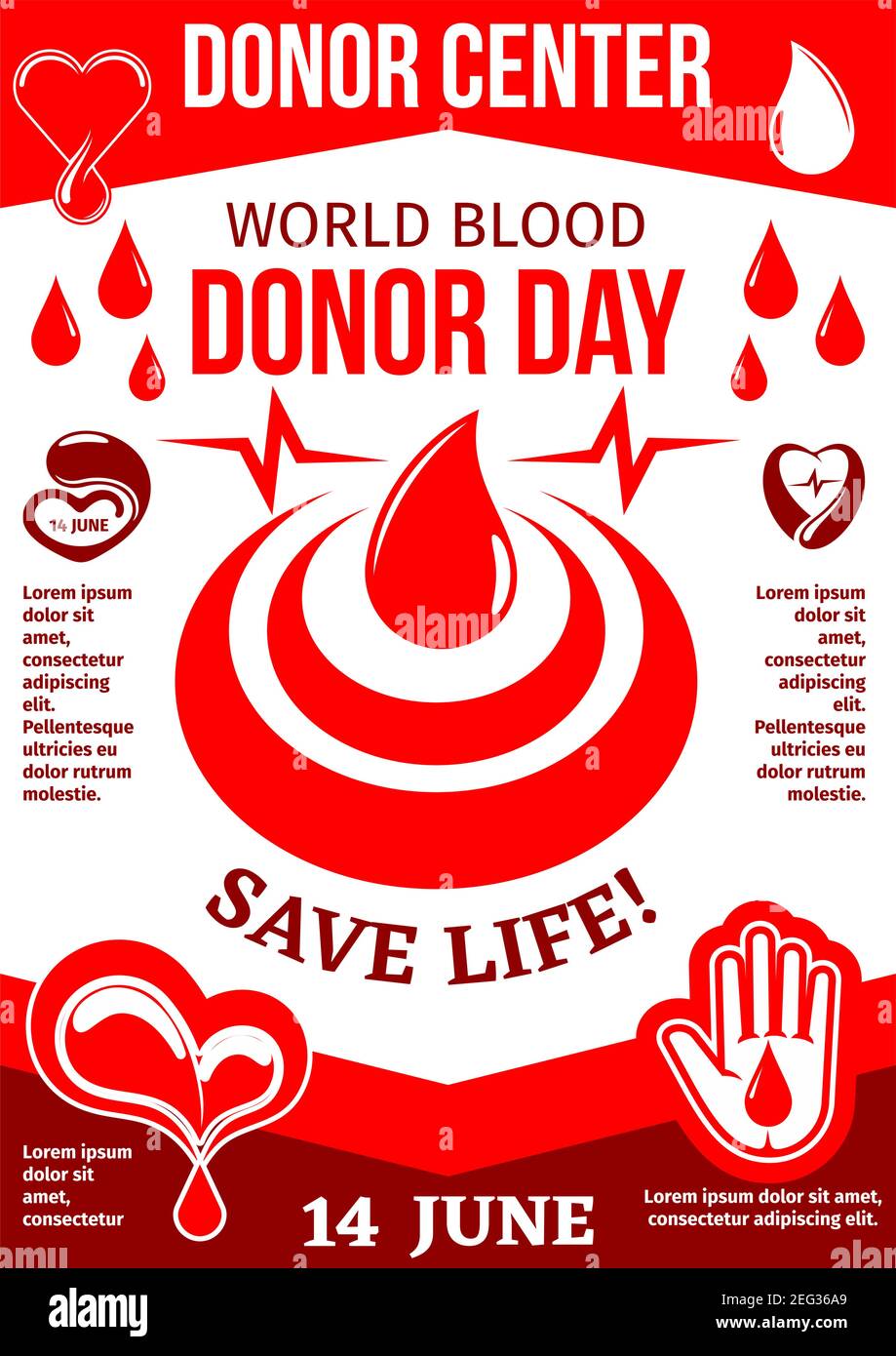Drop of donation blood with red heart poster for World Blood Donor Day ...