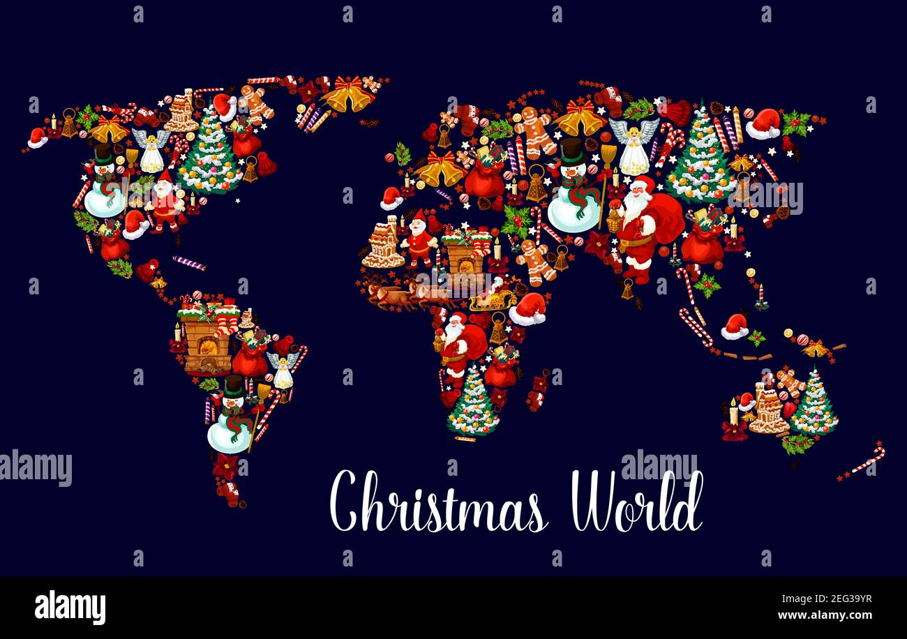 Christmas world map with New Year holiday symbol. Xmas tree, gift and ...
