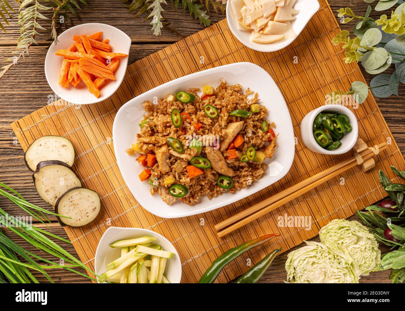 Flat lay view at authentic traditional Chinese food dish with chicken ...